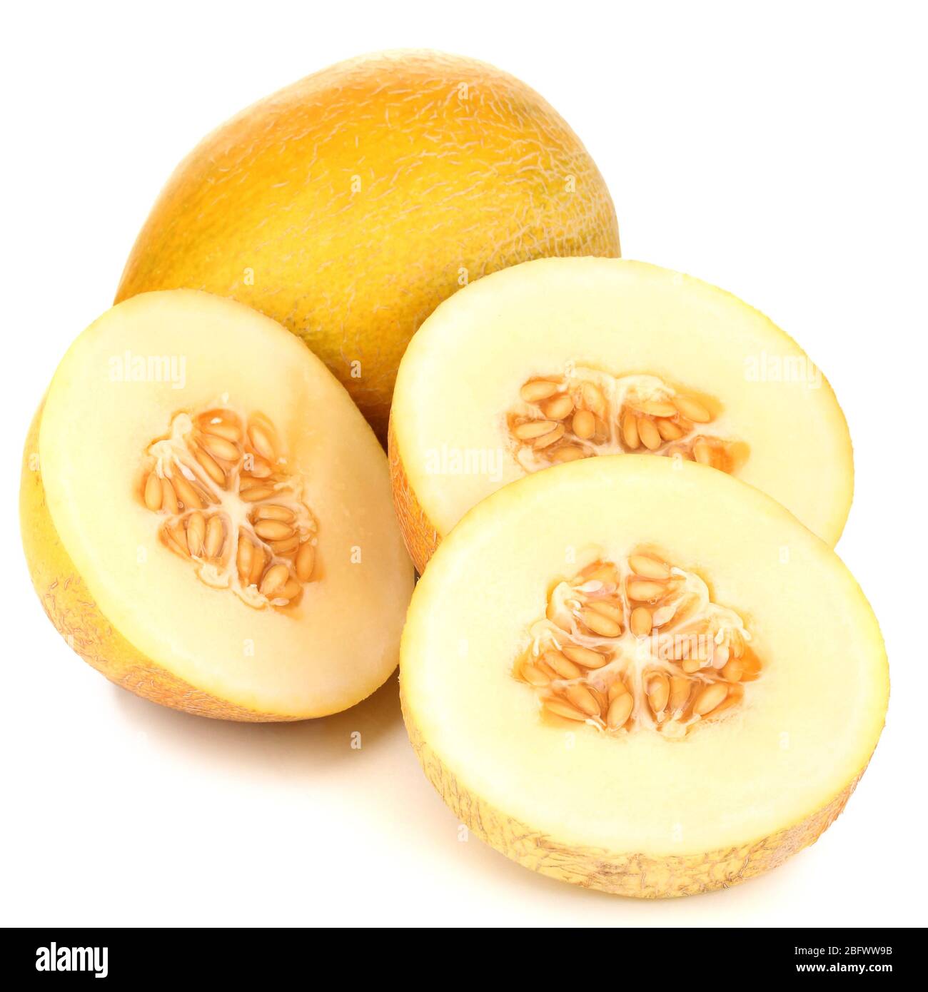 Cut ripe melons isolated on white Stock Photo - Alamy