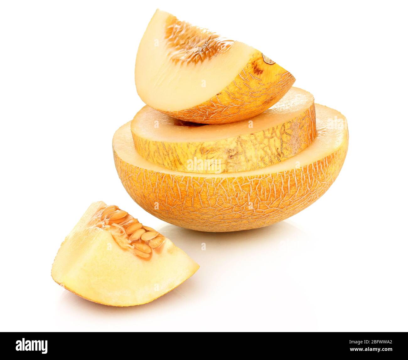 Cut ripe melons isolated on white Stock Photo - Alamy