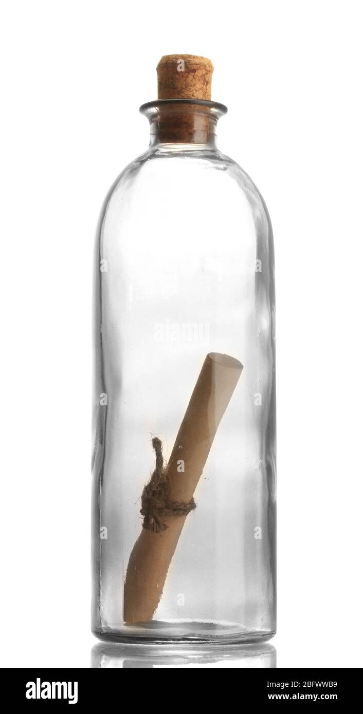Glass bottle with note inside isolated on white Stock Photo - Alamy