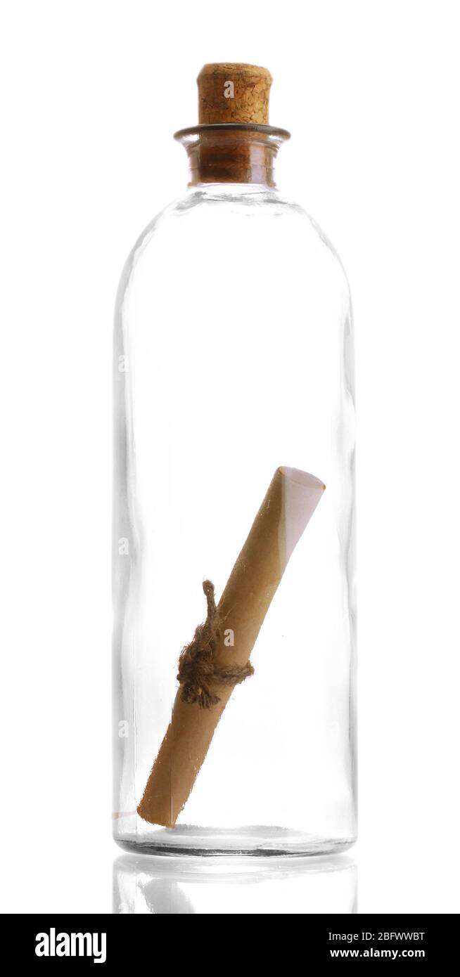 Glass bottle with note inside isolated on white Stock Photo - Alamy