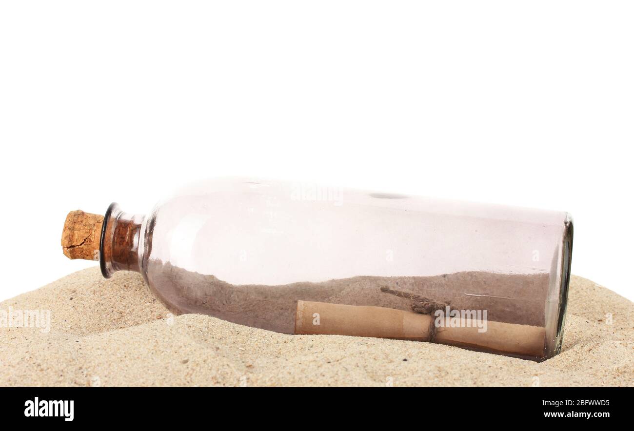 Glass bottle with note inside on sand isolated on white Stock Photo - Alamy