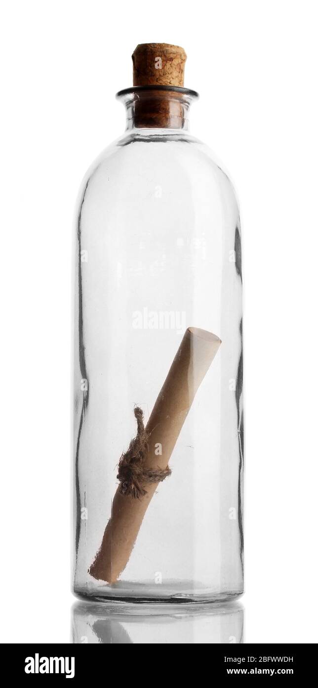 Glass bottle with note inside isolated on white Stock Photo - Alamy
