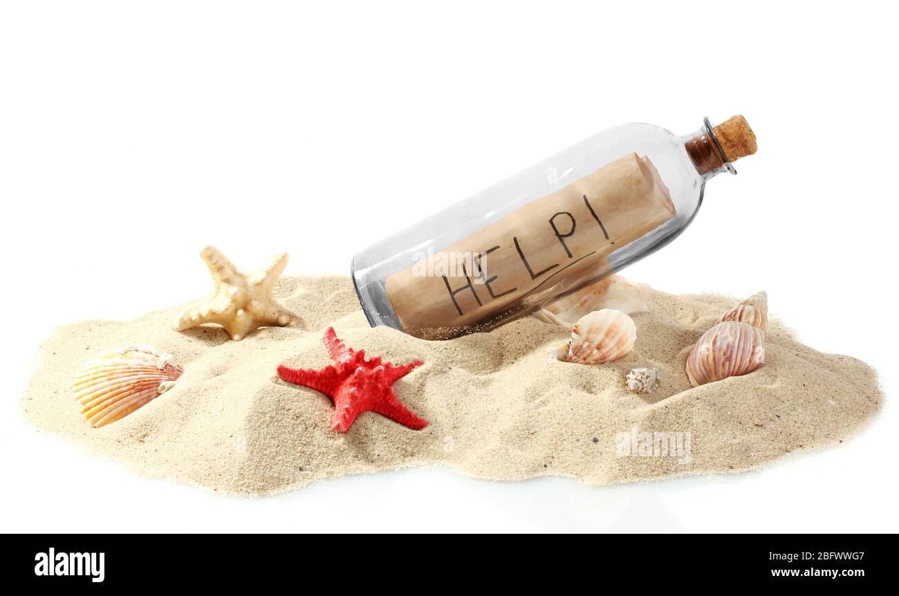 Glass bottle with note inside on sand isolated on white Stock Photo - Alamy