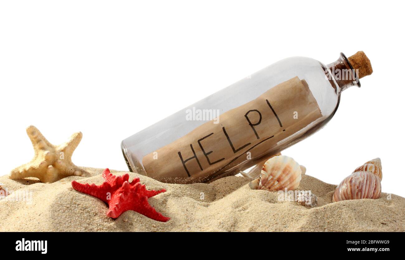 Glass bottle with note inside on sand isolated on white Stock Photo - Alamy