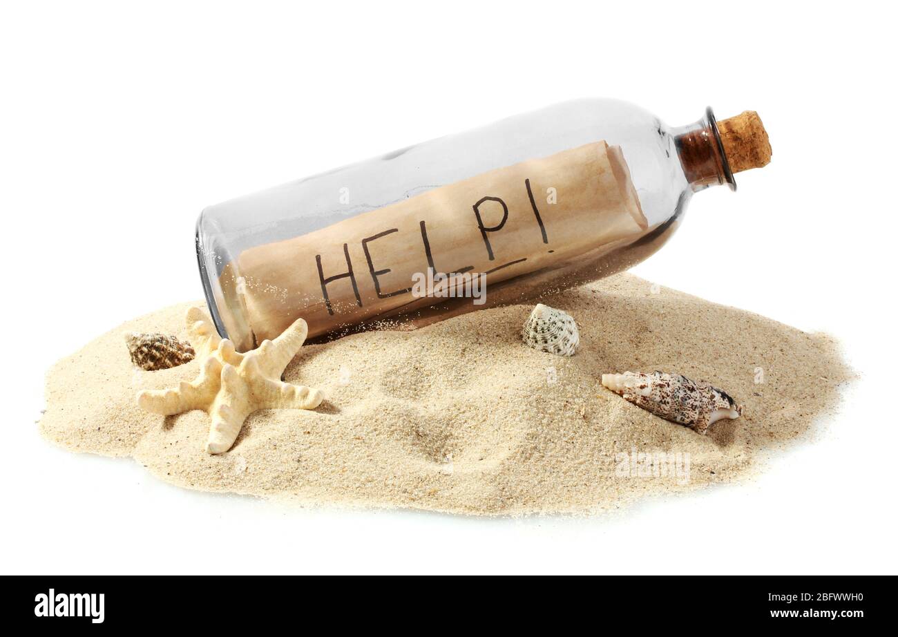 Glass bottle with note inside on sand isolated on white Stock Photo - Alamy