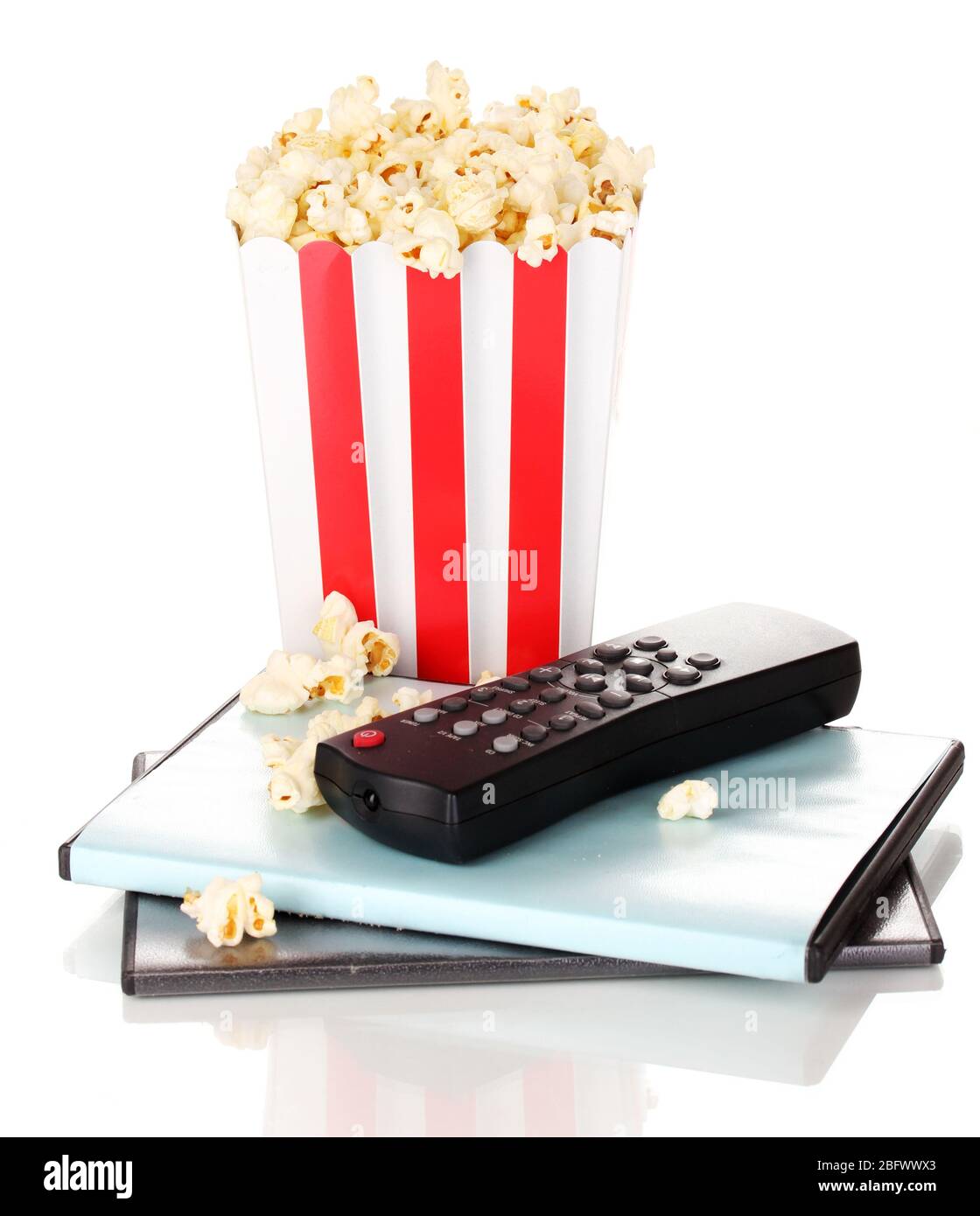 popcorn with TV control panel and disks isolated on white Stock Photo ...