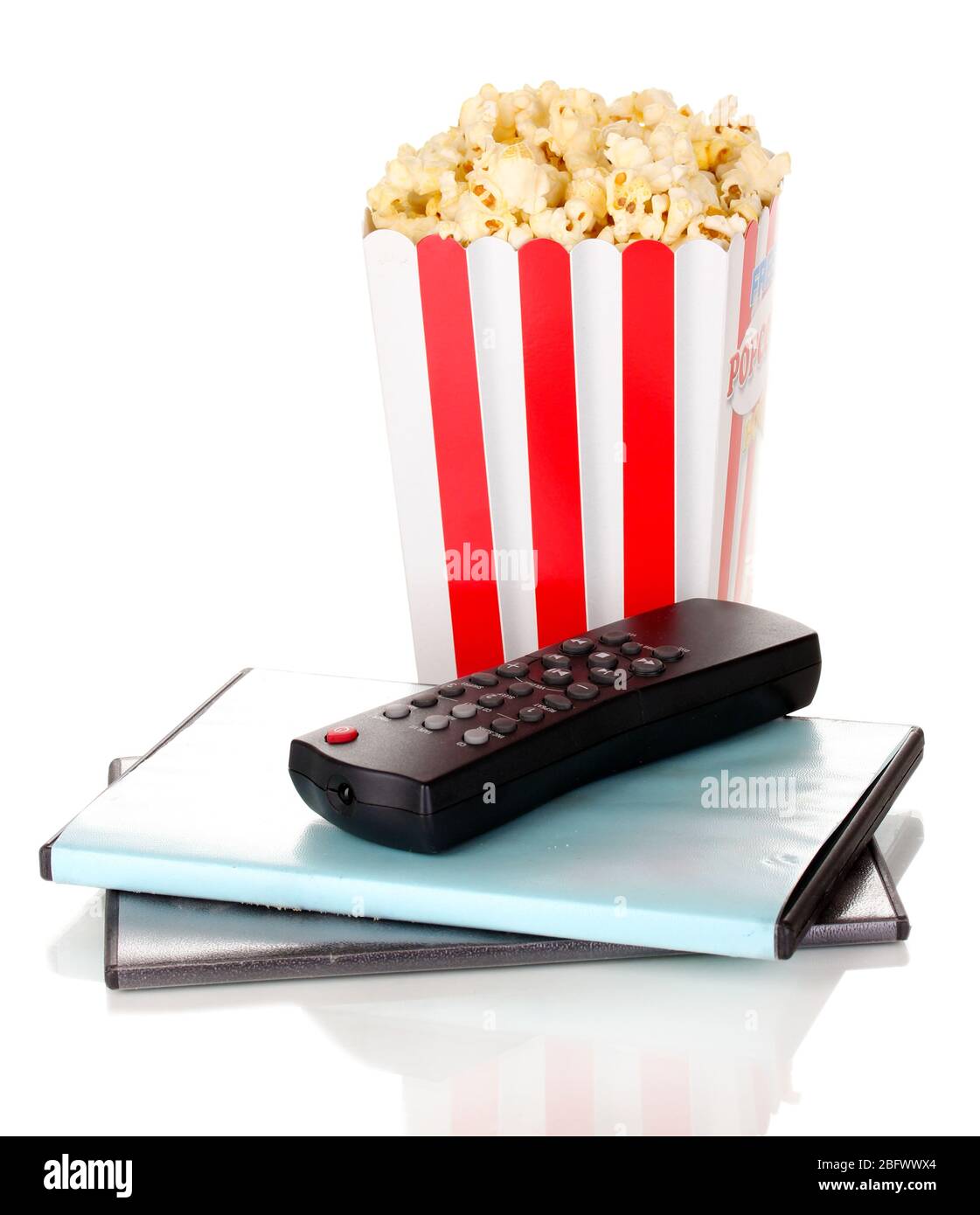 popcorn with TV control panel and disks isolated on white Stock Photo ...