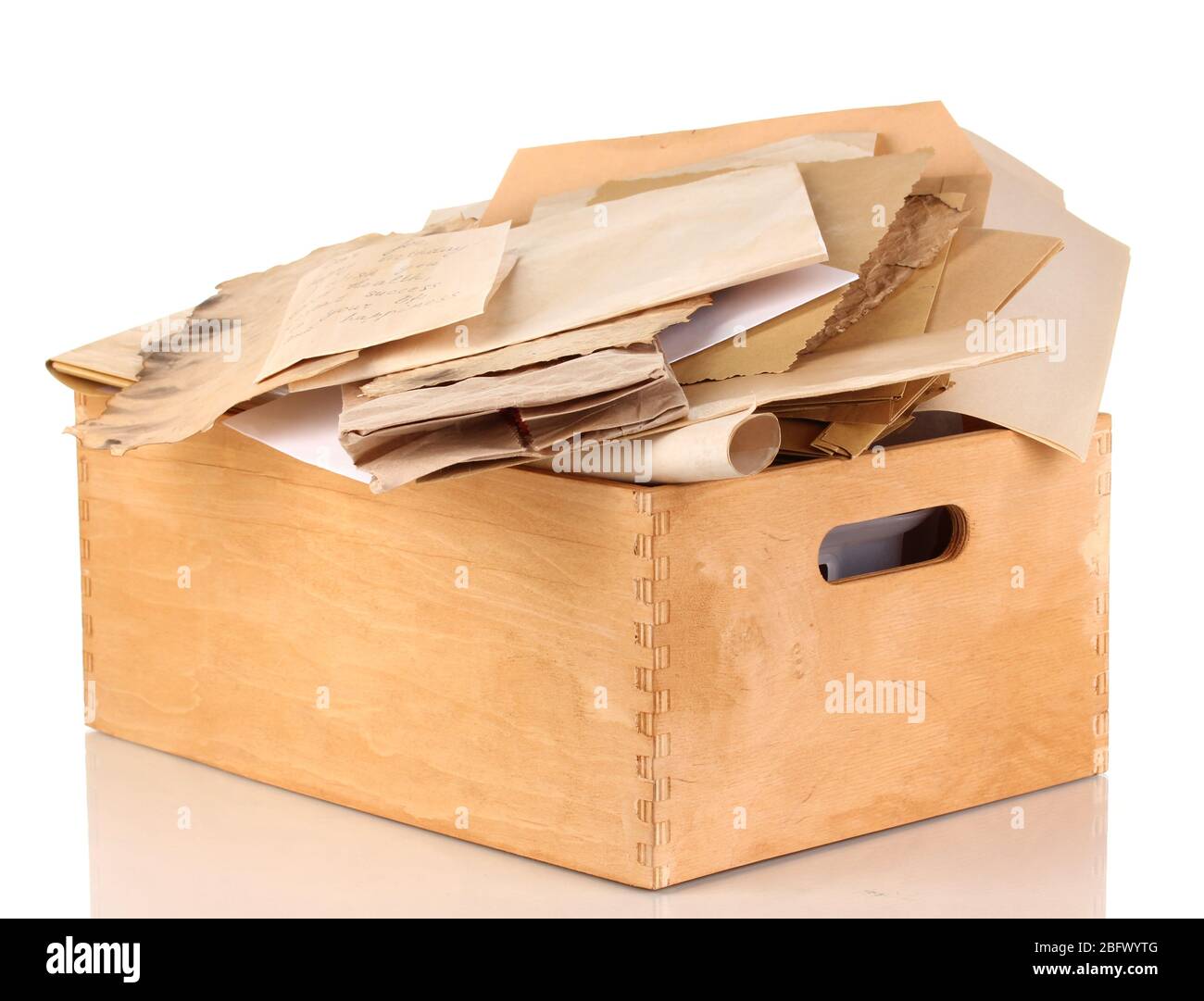 Wooden crate with papers and letters isolated on white Stock Photo - Alamy