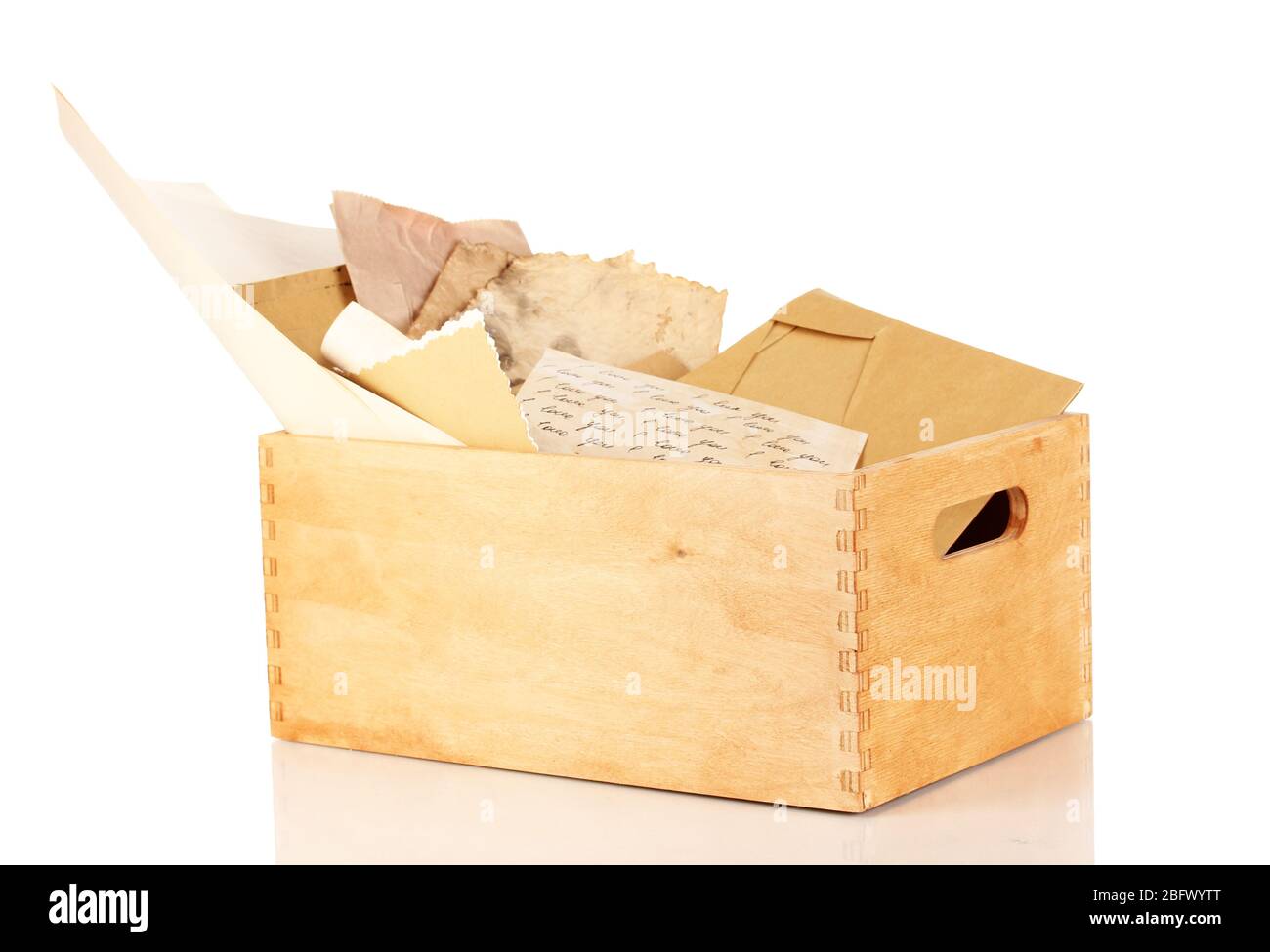Wooden crate with papers and letters isolated on white Stock Photo - Alamy