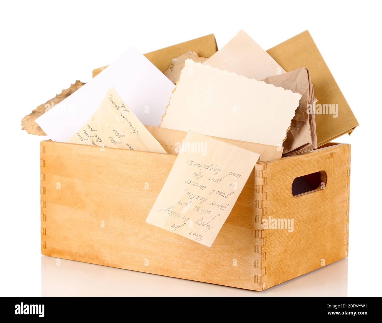 Wooden crate with papers and letters isolated on white Stock Photo - Alamy