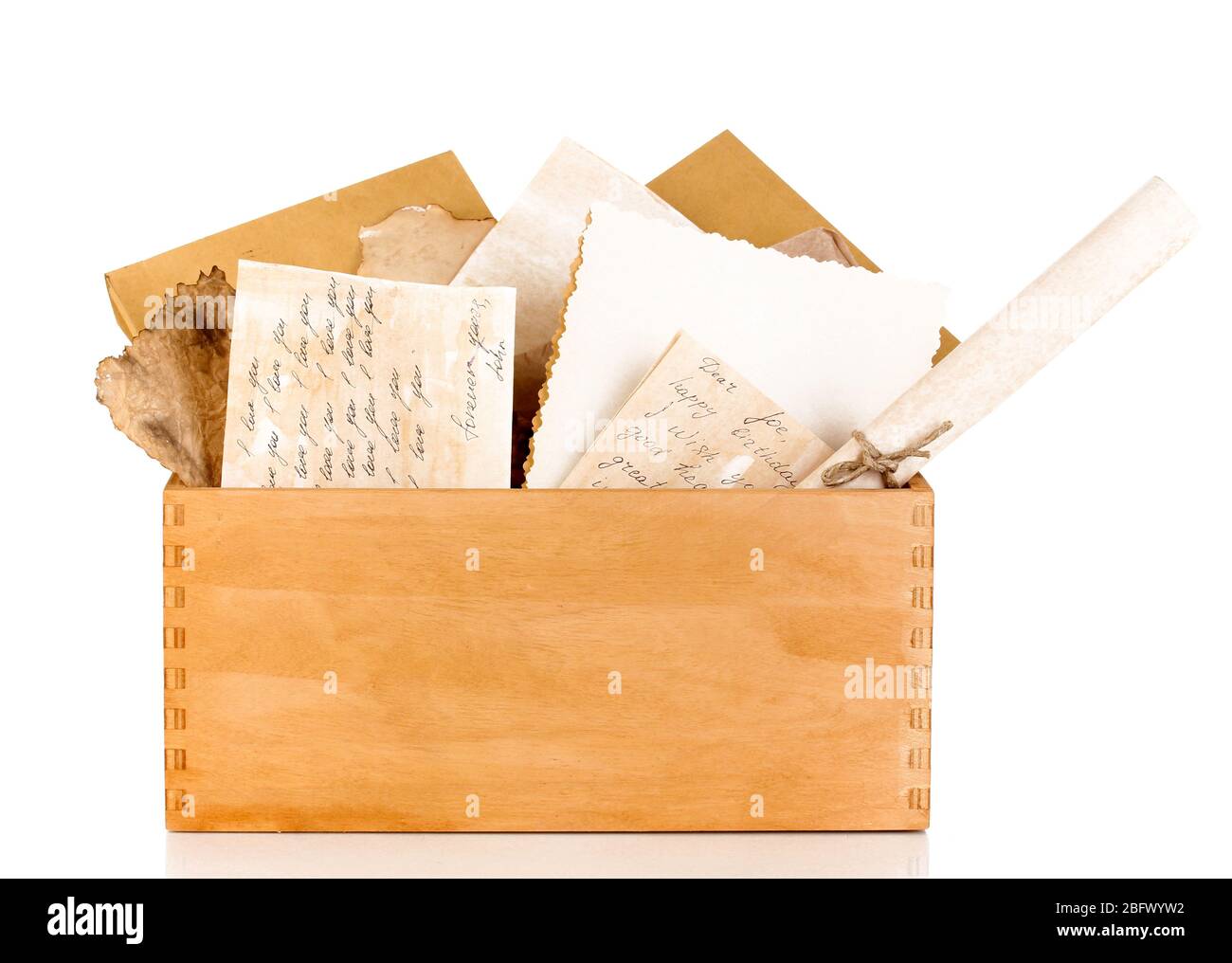 Wooden crate with papers and letters isolated on white Stock Photo - Alamy