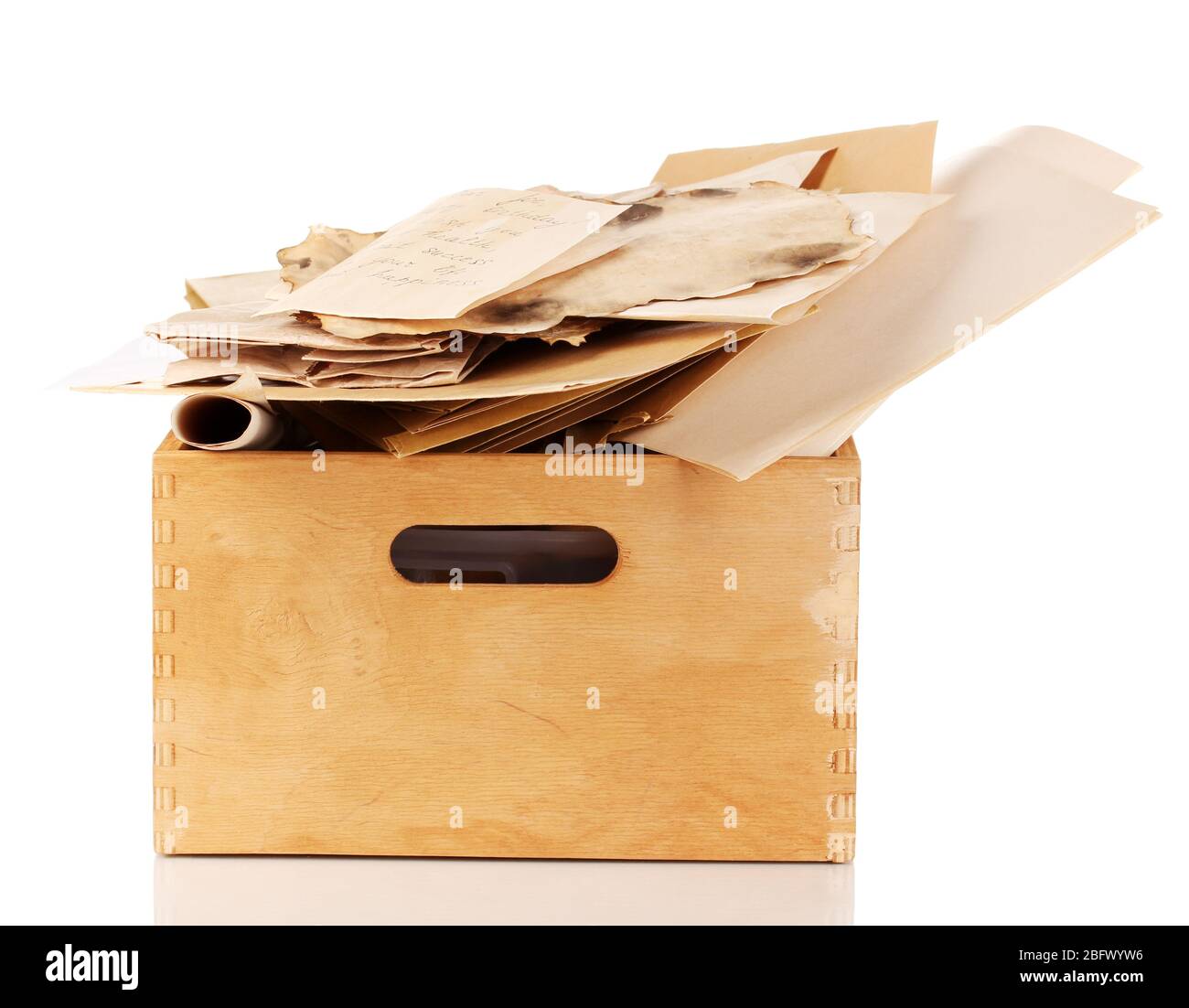 Wooden crate with papers and letters isolated on white Stock Photo - Alamy