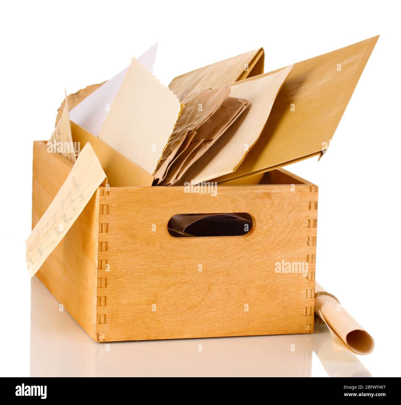 Wooden crate with papers and letters isolated on white Stock Photo - Alamy