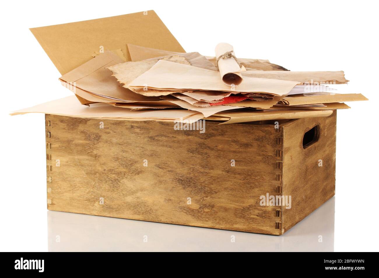 Wooden crate with papers and letters isolated on white Stock Photo - Alamy