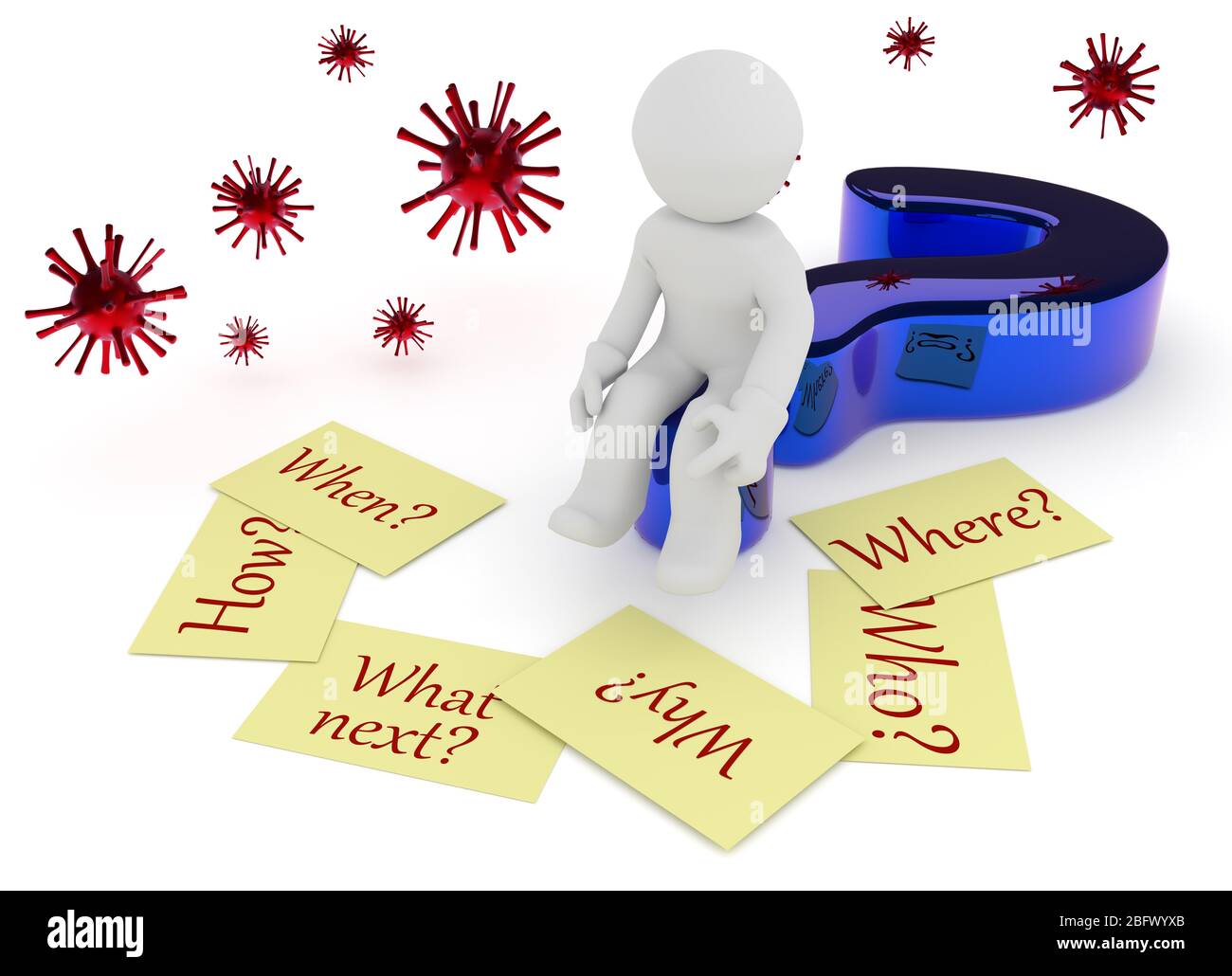 Small character on a question mark, virus icons and lots of note papers ...