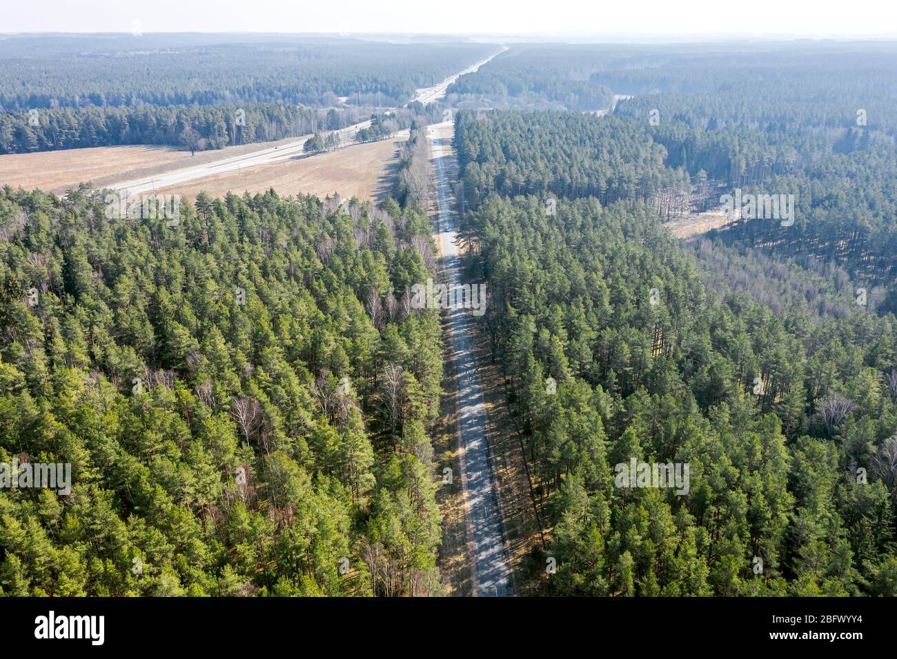 top view of straight forest roadway. landscape photography with drone ...