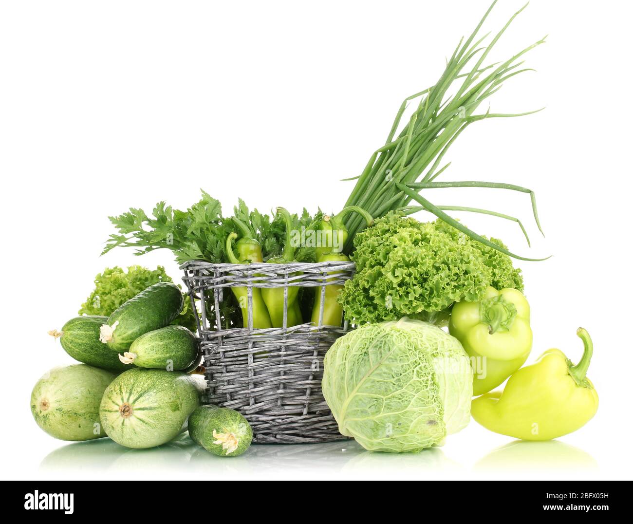 fresh green vegetables in basket isolated on white Stock Photo - Alamy