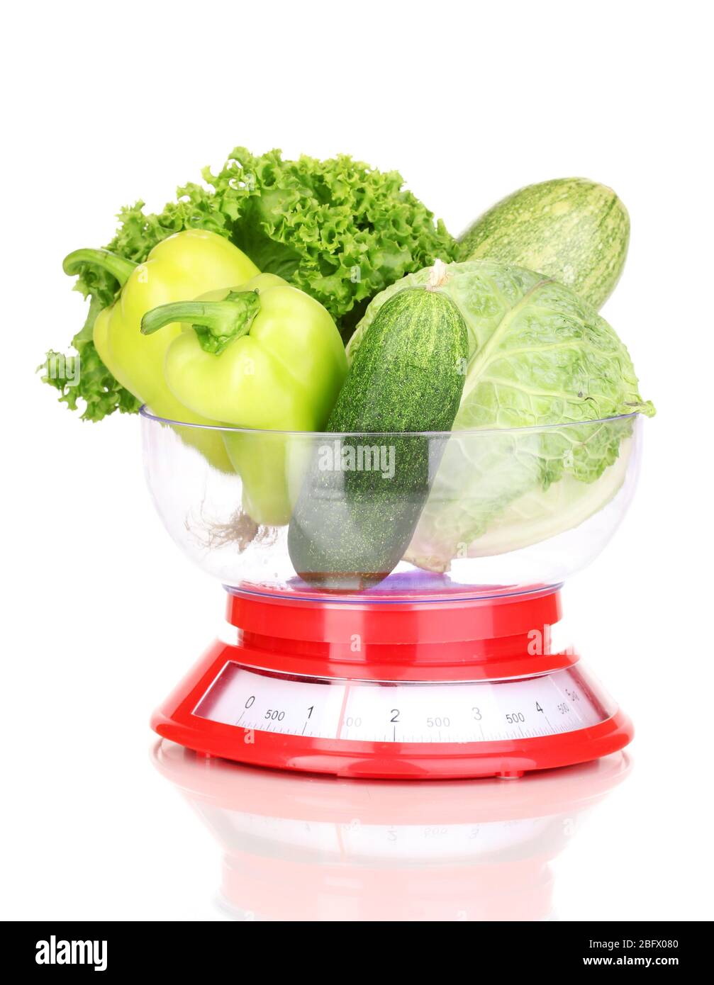 fresh green vegetables in scales isolated on white Stock Photo - Alamy