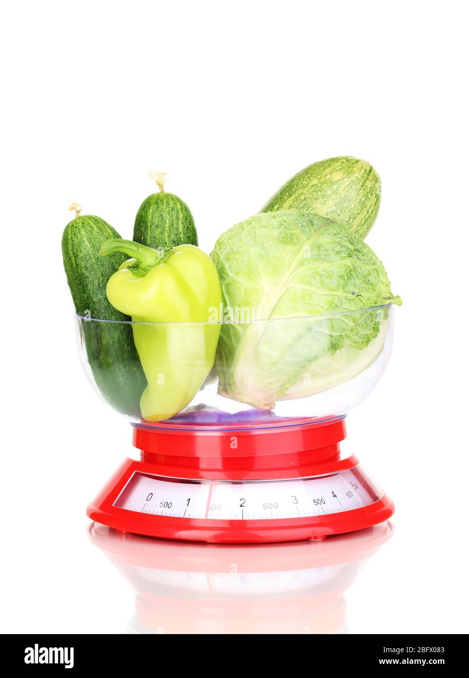 fresh green vegetables in scales isolated on white Stock Photo - Alamy