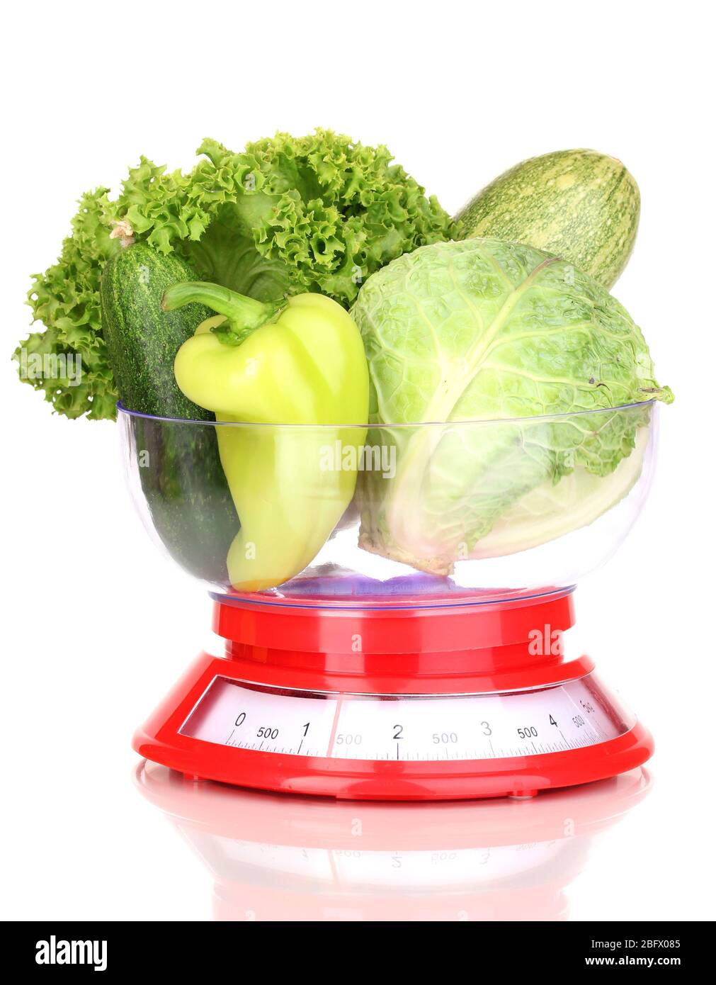fresh green vegetables in scales isolated on white Stock Photo - Alamy