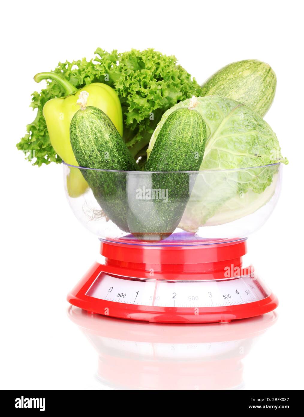 fresh green vegetables in scales isolated on white Stock Photo - Alamy