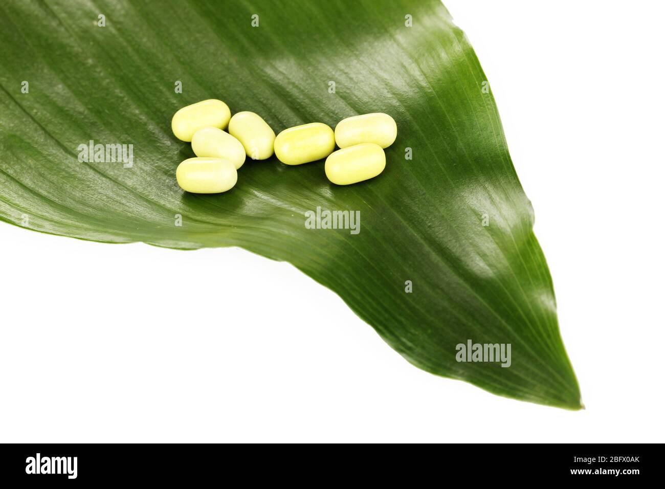 tablets on green leaf isolated on white Stock Photo - Alamy