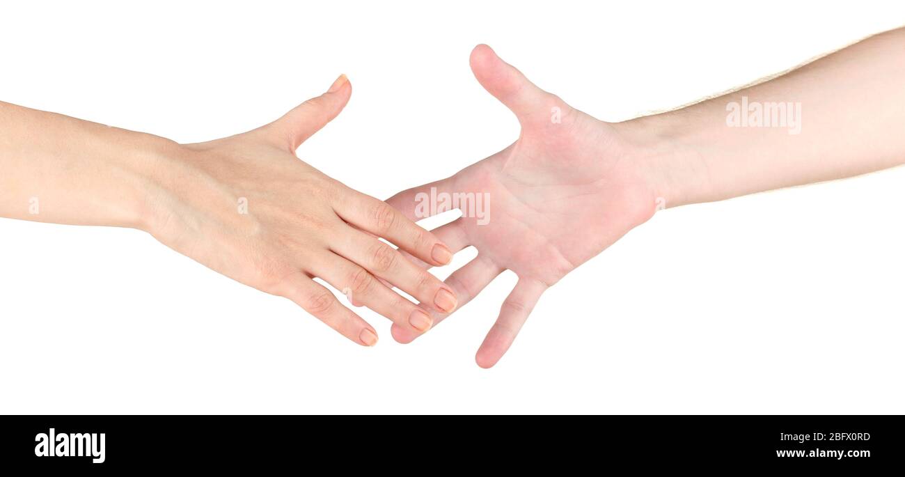 Women's hand goes to the man's hand on white background Stock Photo - Alamy