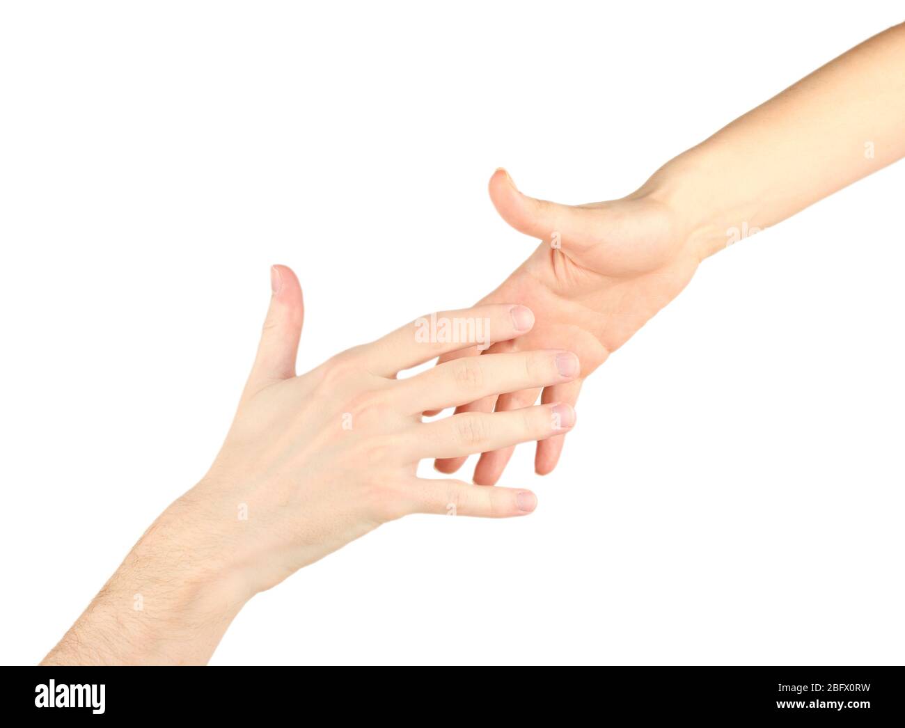 Women's hand goes to the man's hand on white background Stock Photo - Alamy