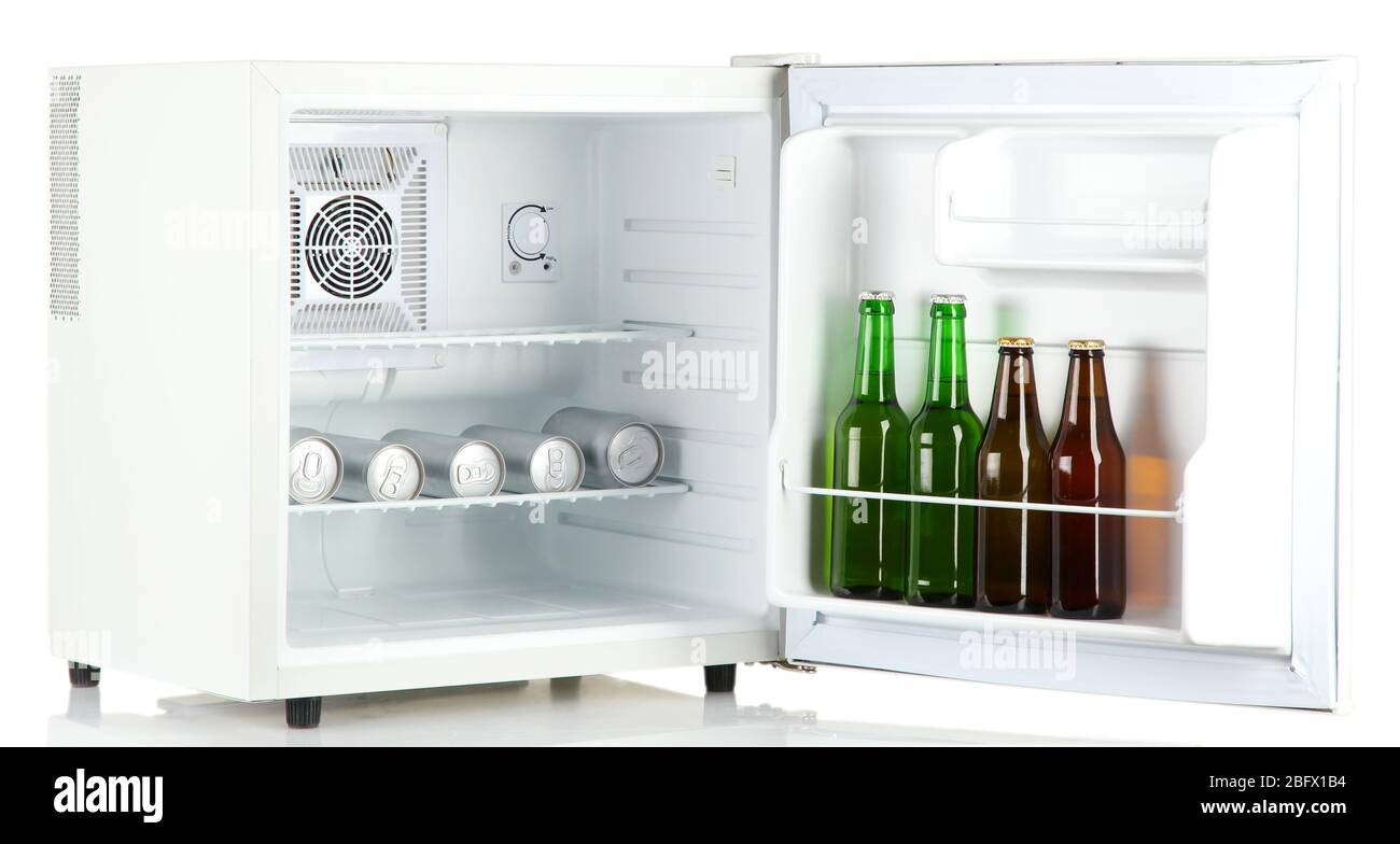 mini fridge full of bottles and cans of beer isolated on white Stock ...