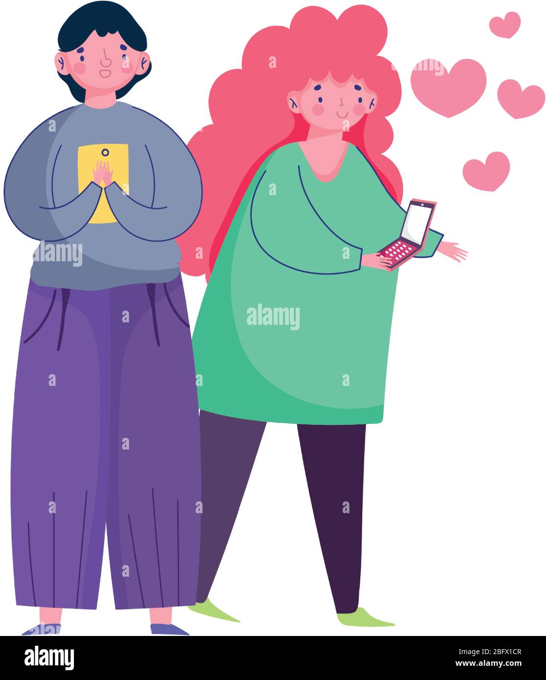 people and smartphone, couple using mobile and woman love hearts ...