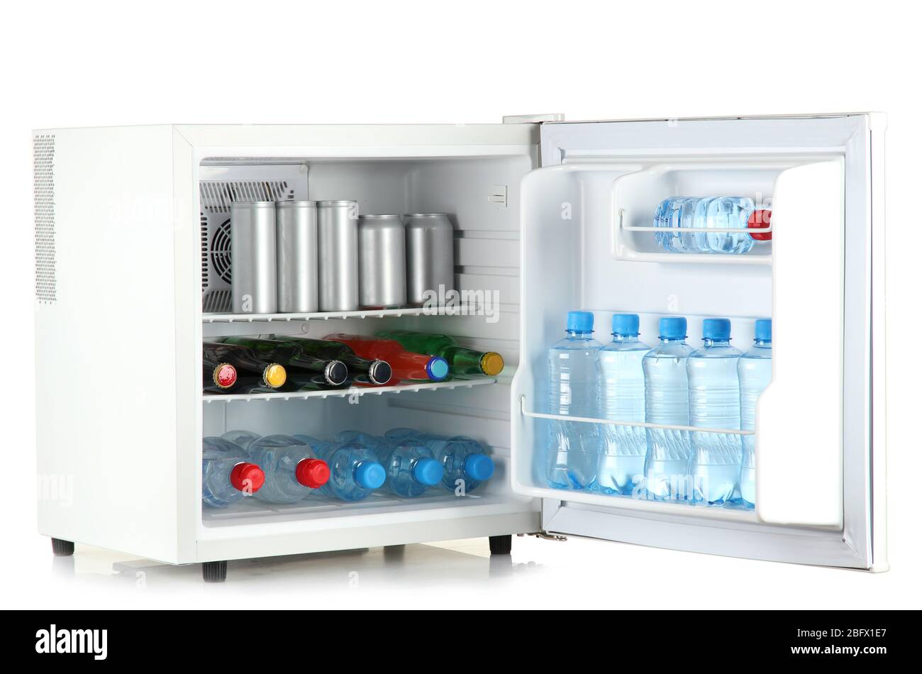 mini fridge full of bottles and jars with various drinks isolated on ...