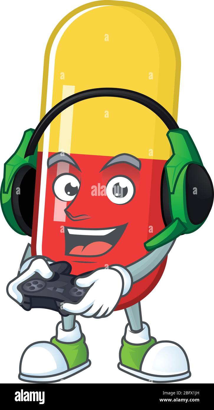 A cartoon design of red yellow capsules talented gamer play with ...