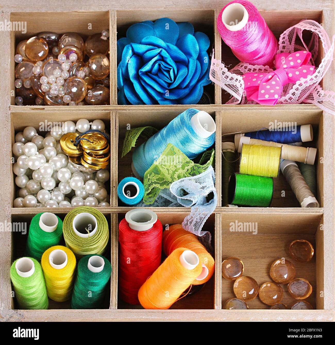 thread and material for handicrafts in box isolated on white Stock ...