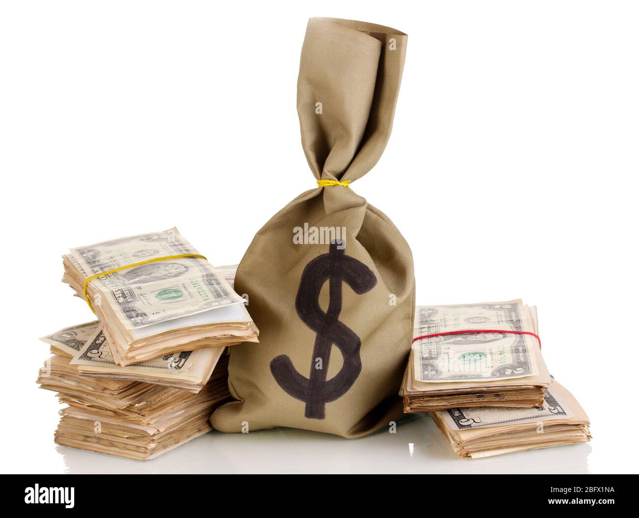 Bag with stacks of dollars isolated on white Stock Photo - Alamy