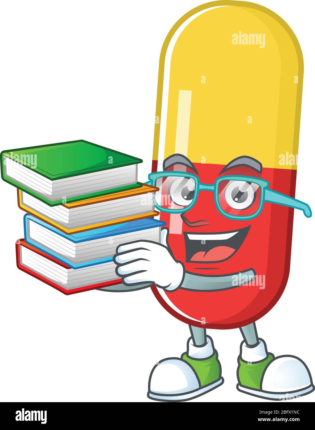 A mascot design of red yellow capsules student character with book ...