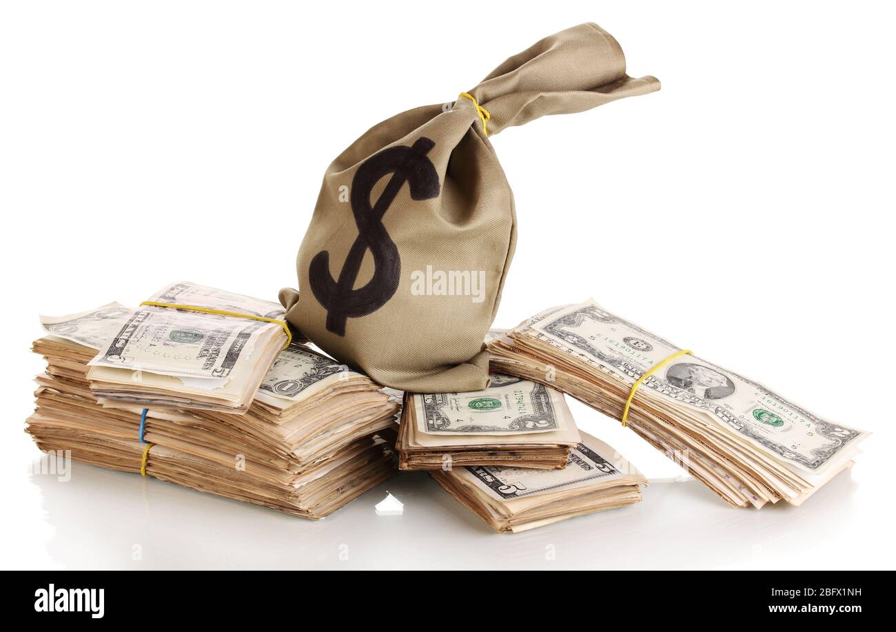 Bag with stacks of dollars isolated on white Stock Photo - Alamy