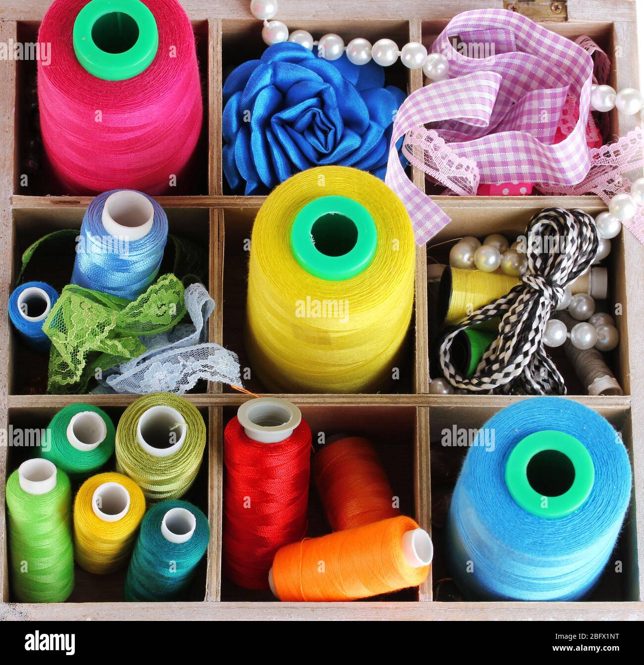 thread and material for handicrafts in box isolated on white Stock ...