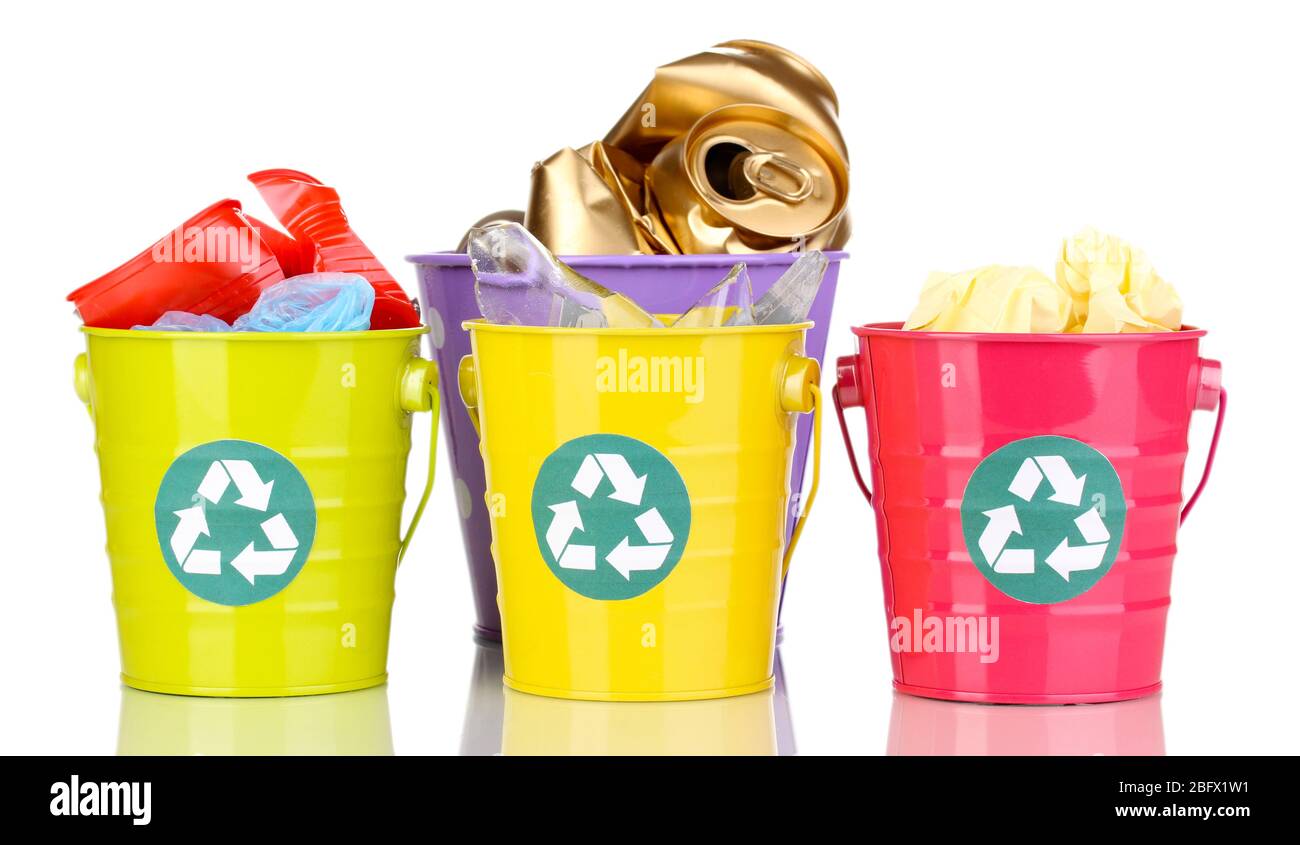 Recycling bins isolated on white Stock Photo - Alamy