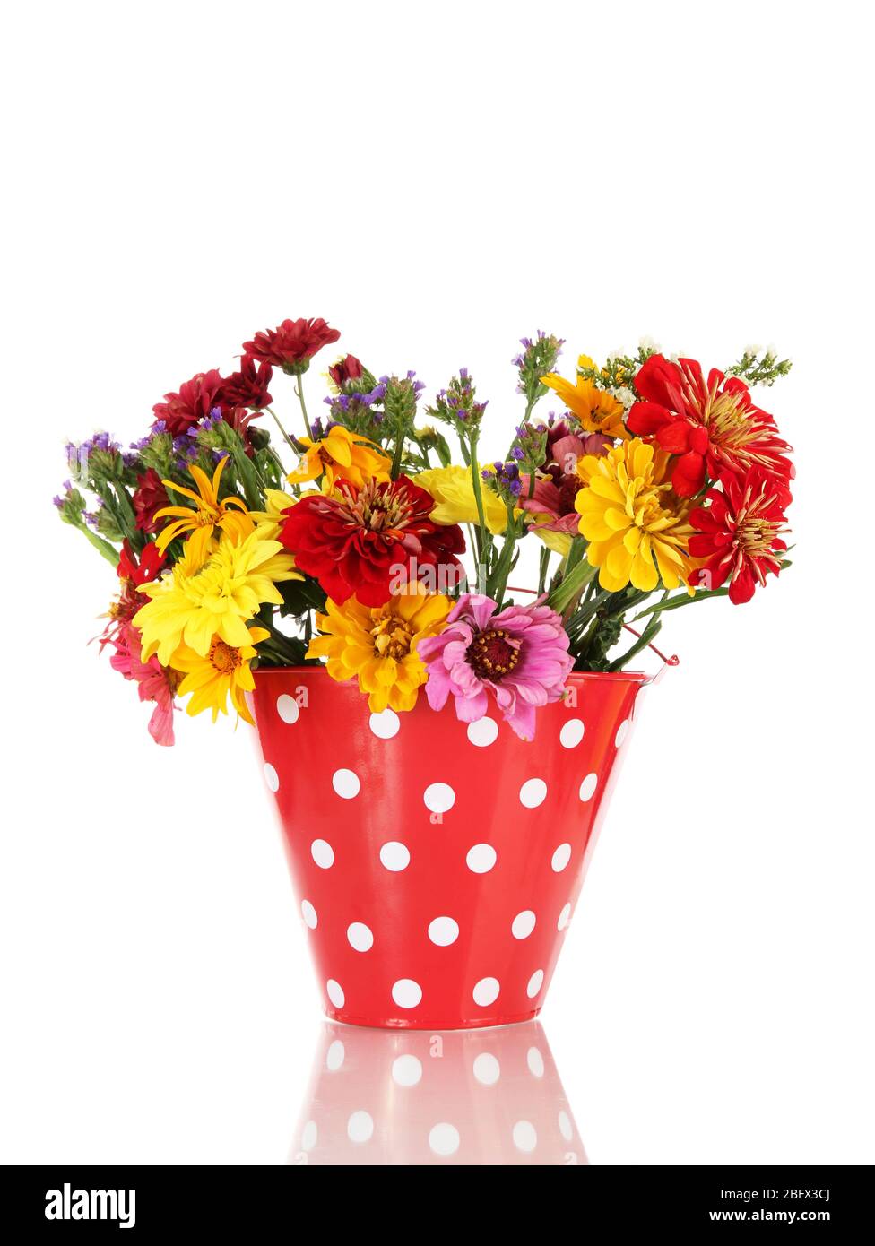 bouquet of beautiful summer flowers in bucket, isolated on white Stock ...