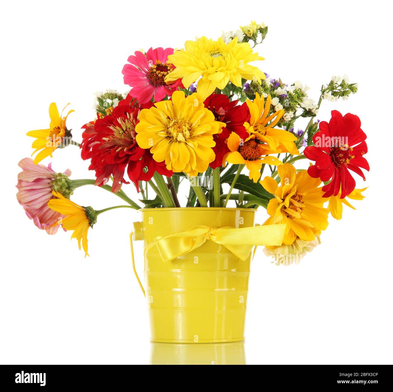 bouquet of beautiful summer flowers in bucket, isolated on white Stock ...