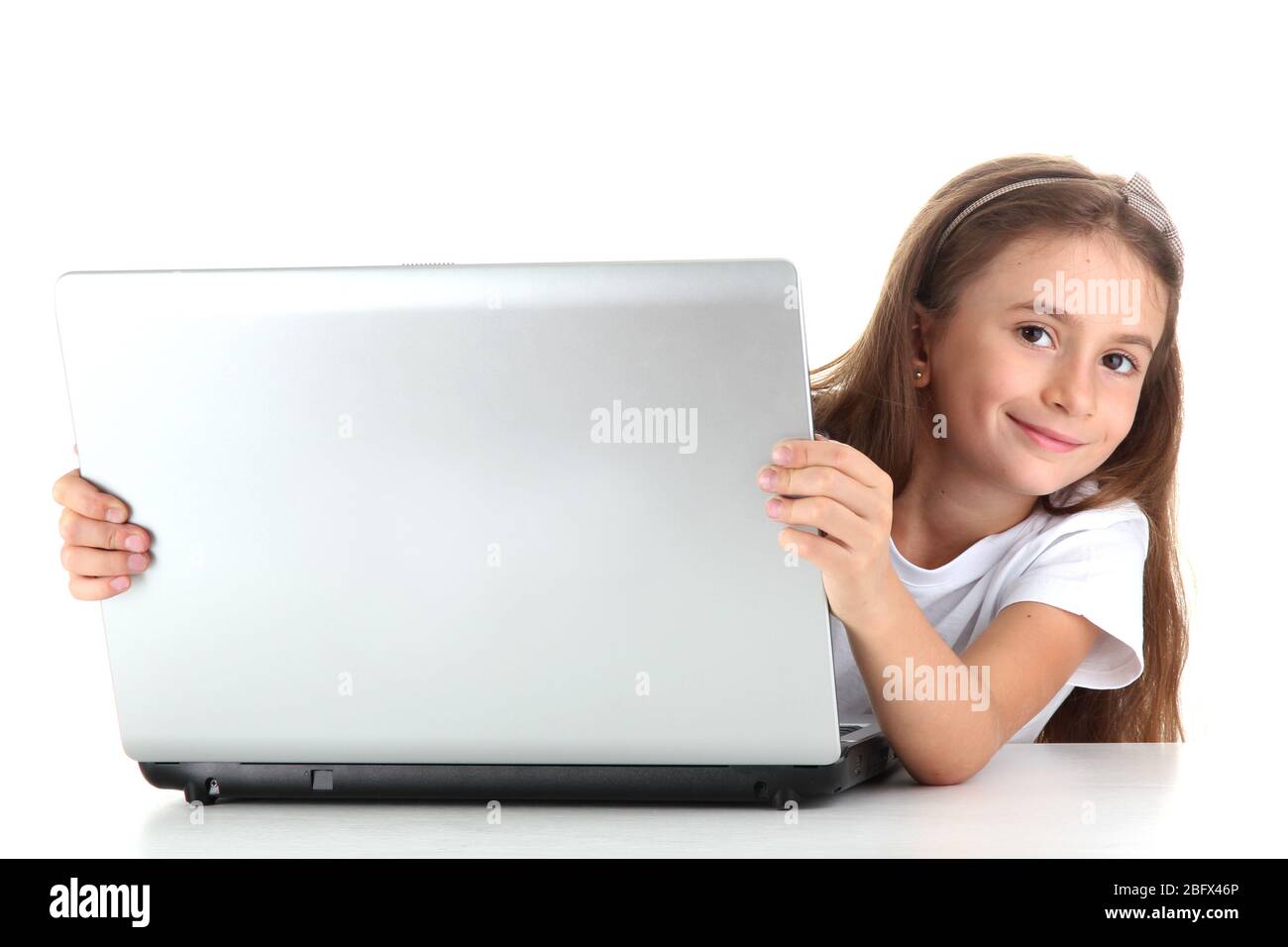 beautiful girl with laptop isolated on white Stock Photo - Alamy