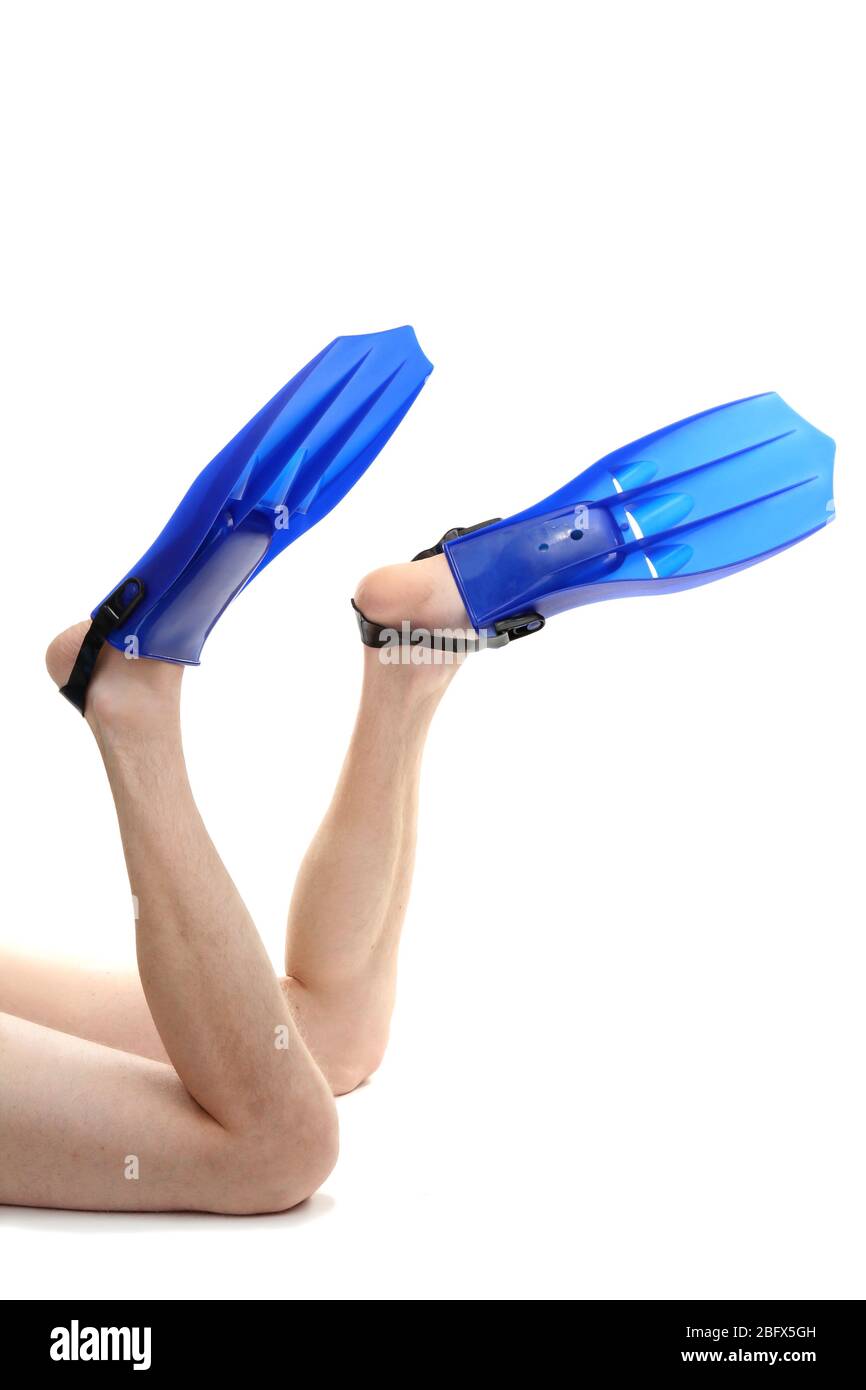 man legs in flippers isolated on white Stock Photo - Alamy