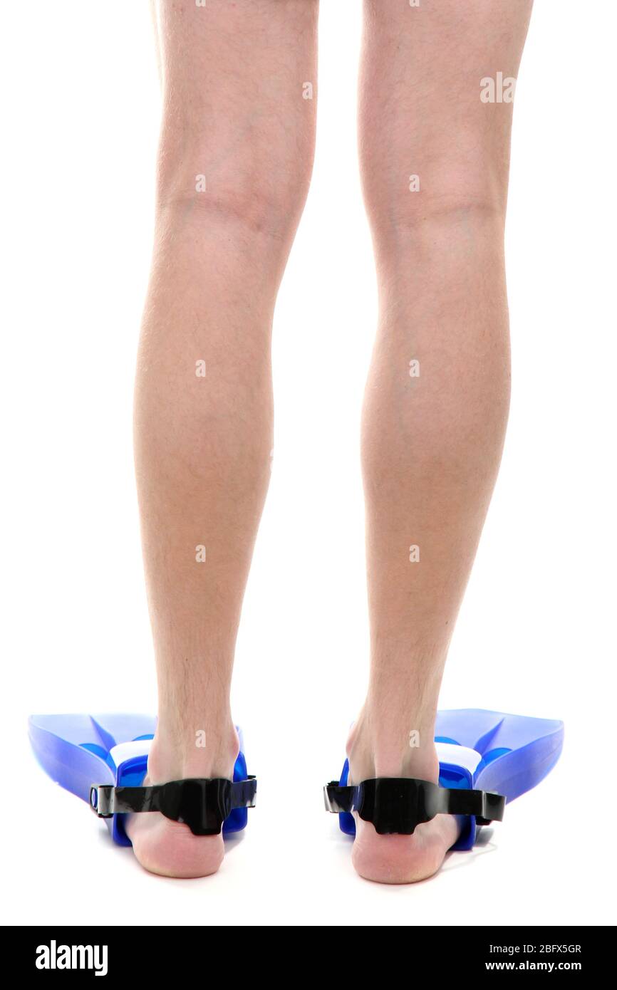man legs in flippers isolated on white Stock Photo - Alamy