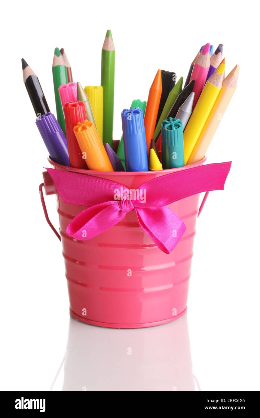 Colorful pencils and felt-tip pens in pink pail isolated on white Stock ...