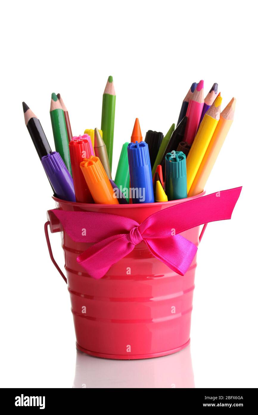 Colorful pencils and felt-tip pens in pink pail isolated on white Stock ...