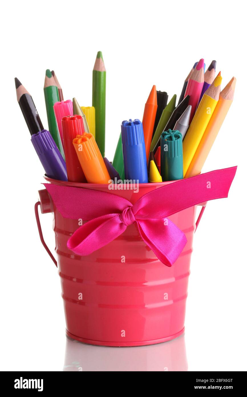 Colorful pencils and felt-tip pens in pink pail isolated on white Stock ...