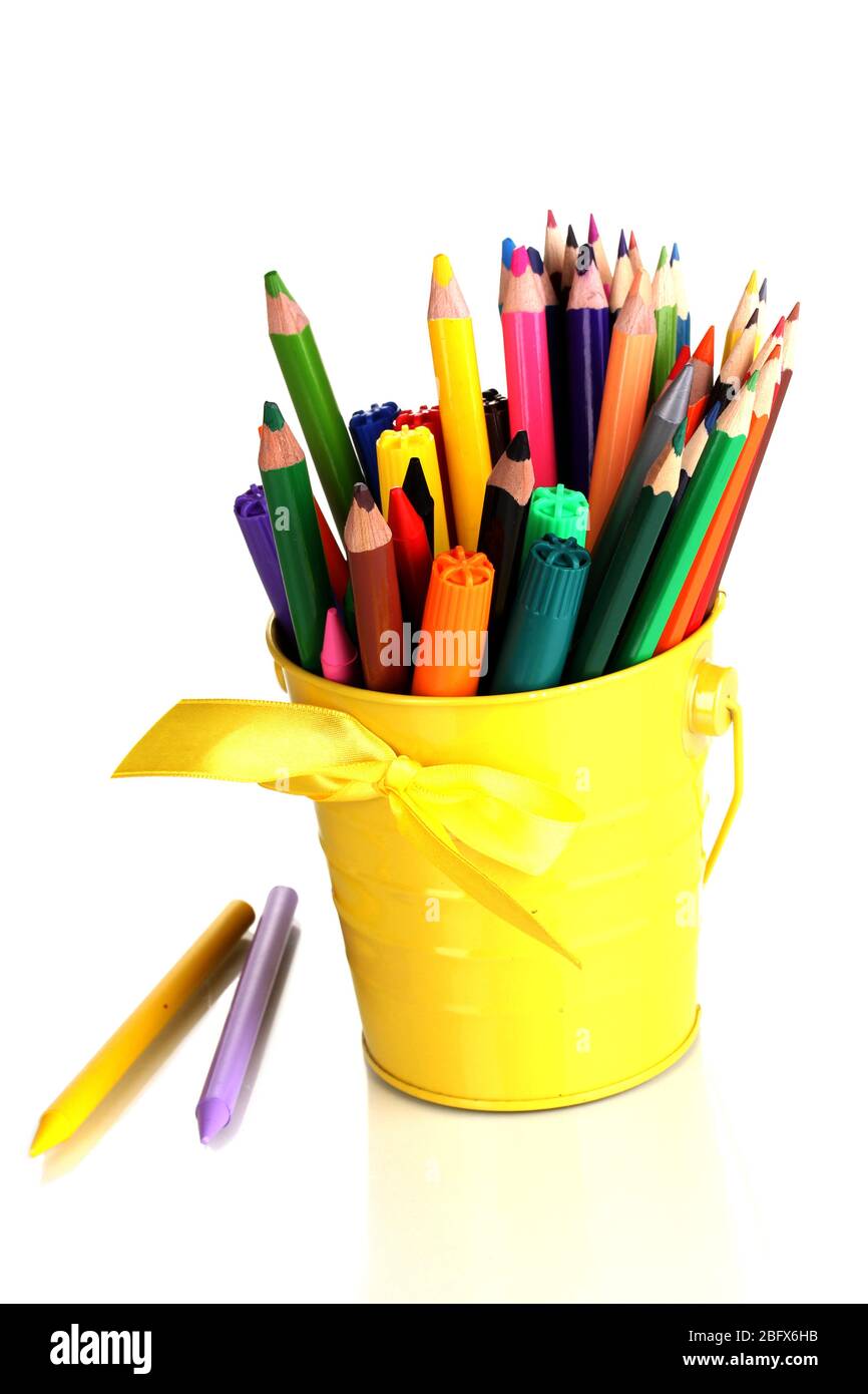 Colorful pencils and felt-tip pens in yellow pail isolated on white ...