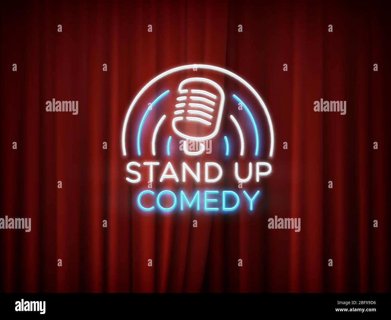 Stand Up Comedy Neon Sign With Microphone And Red Curtain Vector