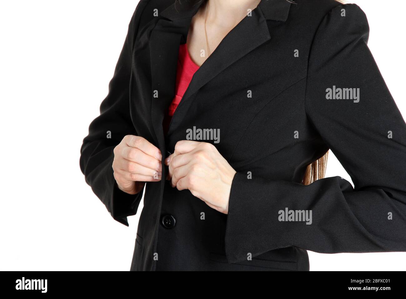 Women fastening black classic jacket Stock Photo - Alamy