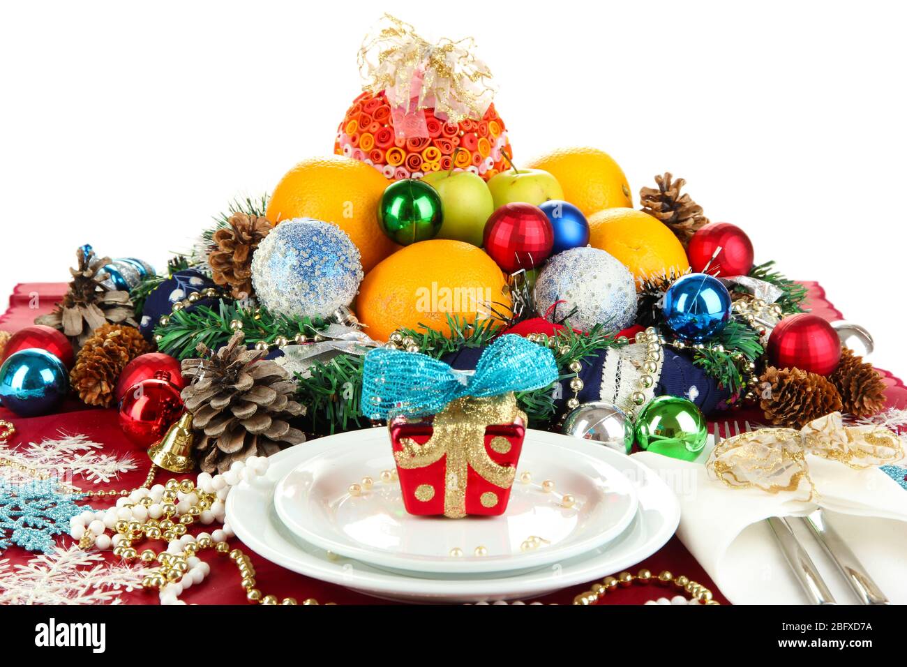 Serving Christmas table on white background Stock Photo - Alamy